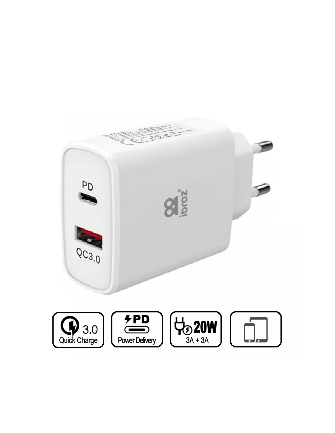 20W USB Quick Charger Adapter - USB-A (QC 3.0) and USB-...